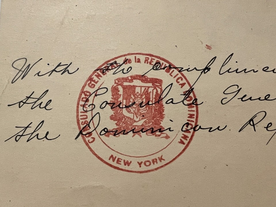 UNIQUE POSTCARD WITH RED SEAL OF THE CONSULATE GENERAL OF THE DOMINICAN ...