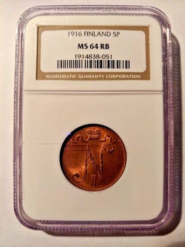 Finland 1916 5 PENNI 5P MS 64 RB Russia Russian Coin Copper Nicholas II ...