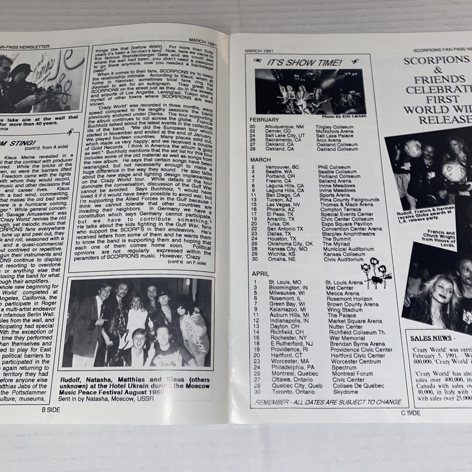 Vintage 1990s The Scorpions Fan Club Newsletter MARCH 1991 Rock Band ...
