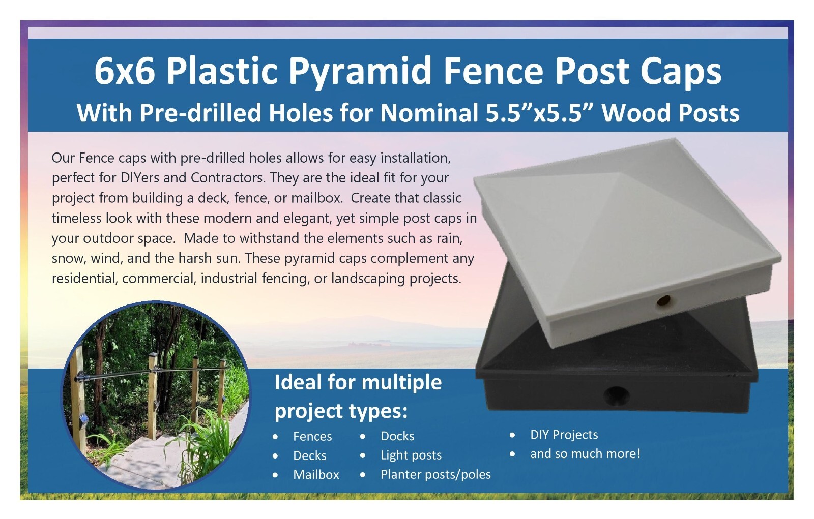 6x6 Nominal (5-1/2"x5-1/2") White Plastic Pyramid Fence Cap 1, 2, 3, 4 ...