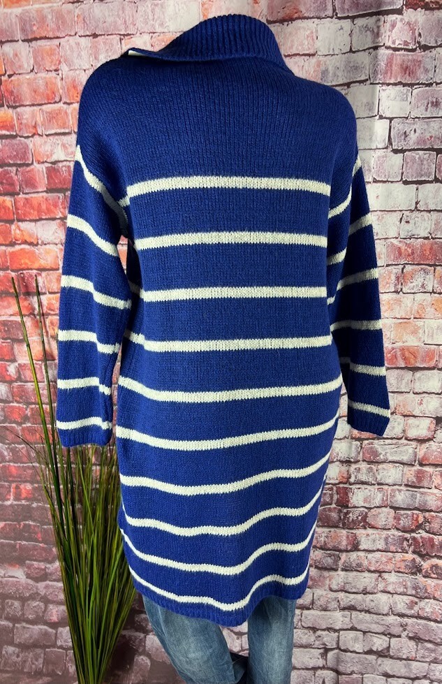 Long Pullover Strick KLEID Pullikleid Kragen Italy gestreift BLAU 36 38 ...