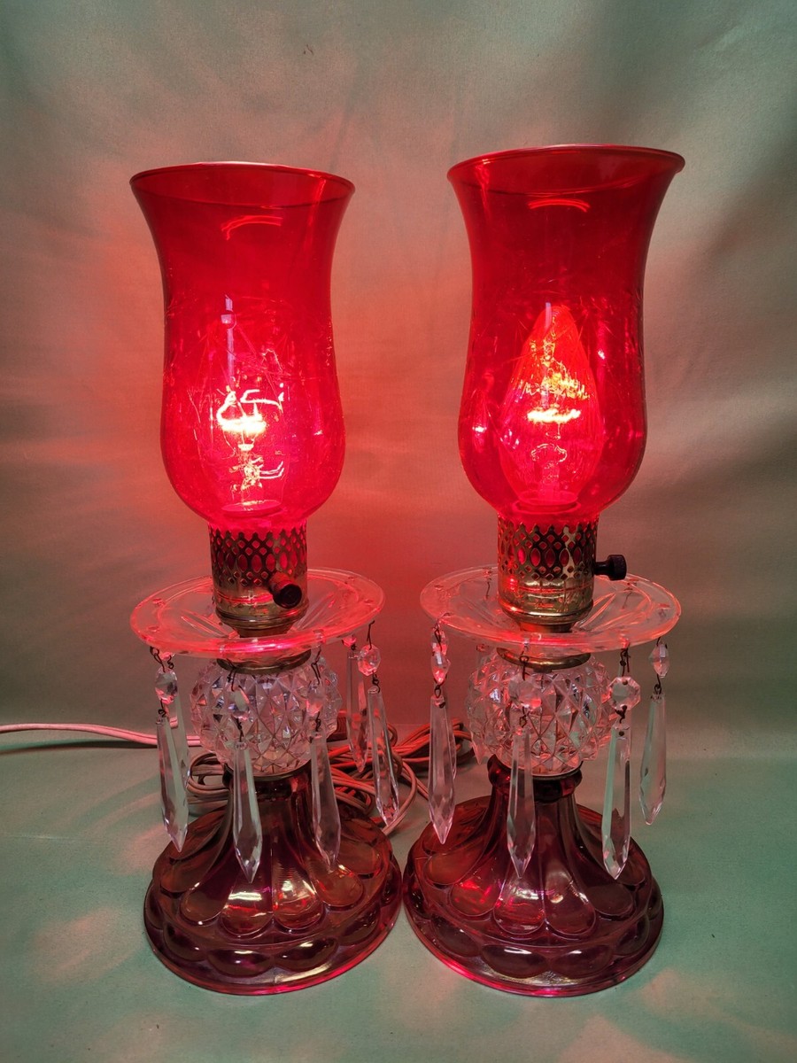 Vintage Pair Hurricane Table Lamp Etched Cranberry Glass