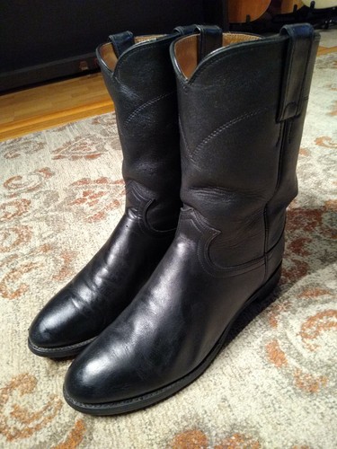 JUSTIN BLACK LEATHER ROUND TOE CLASSIC 10" ROPER COWBOY BOOTS #3133 MEN ...