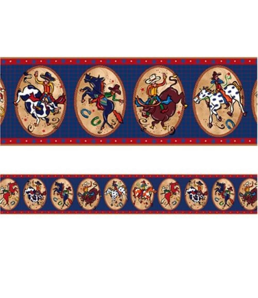Rodeo Western Ride’ Em Cowboys Bull Horse Kids Wall Paper Border Red ...