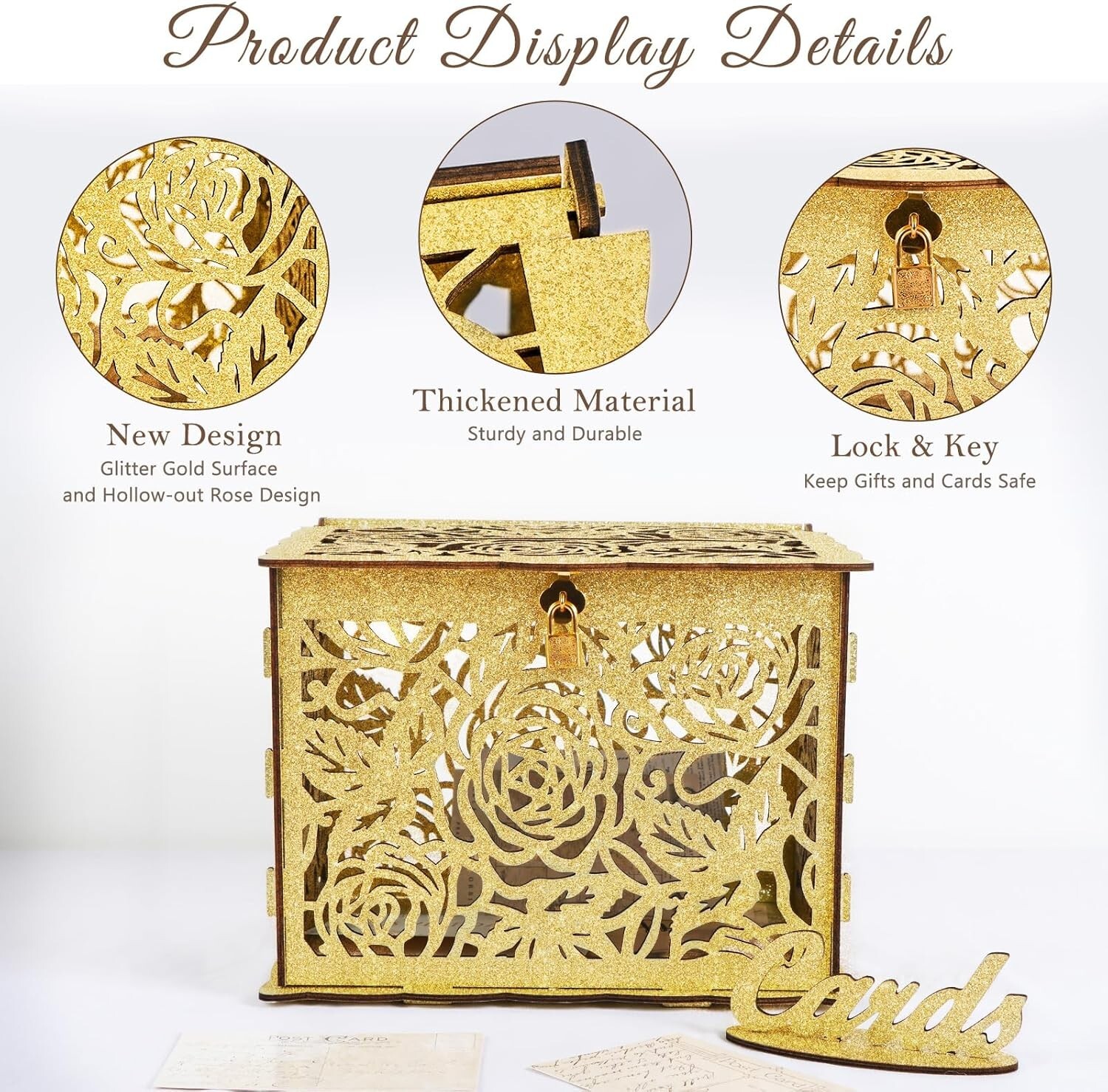 Glittery Gold Wedding Card Box with Lock Wooden Gift Card Box for ...