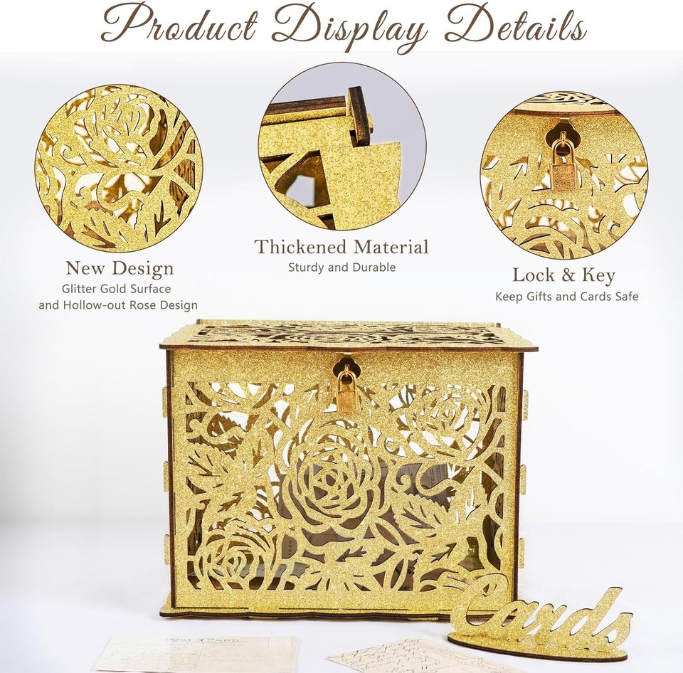 Glittery Gold Wedding Card Box with Lock Wooden Gift Card Box for ...