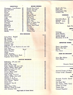 Philadelphia Pennsylvania Benjamin Franklin Hotel Bar Menu | eBay