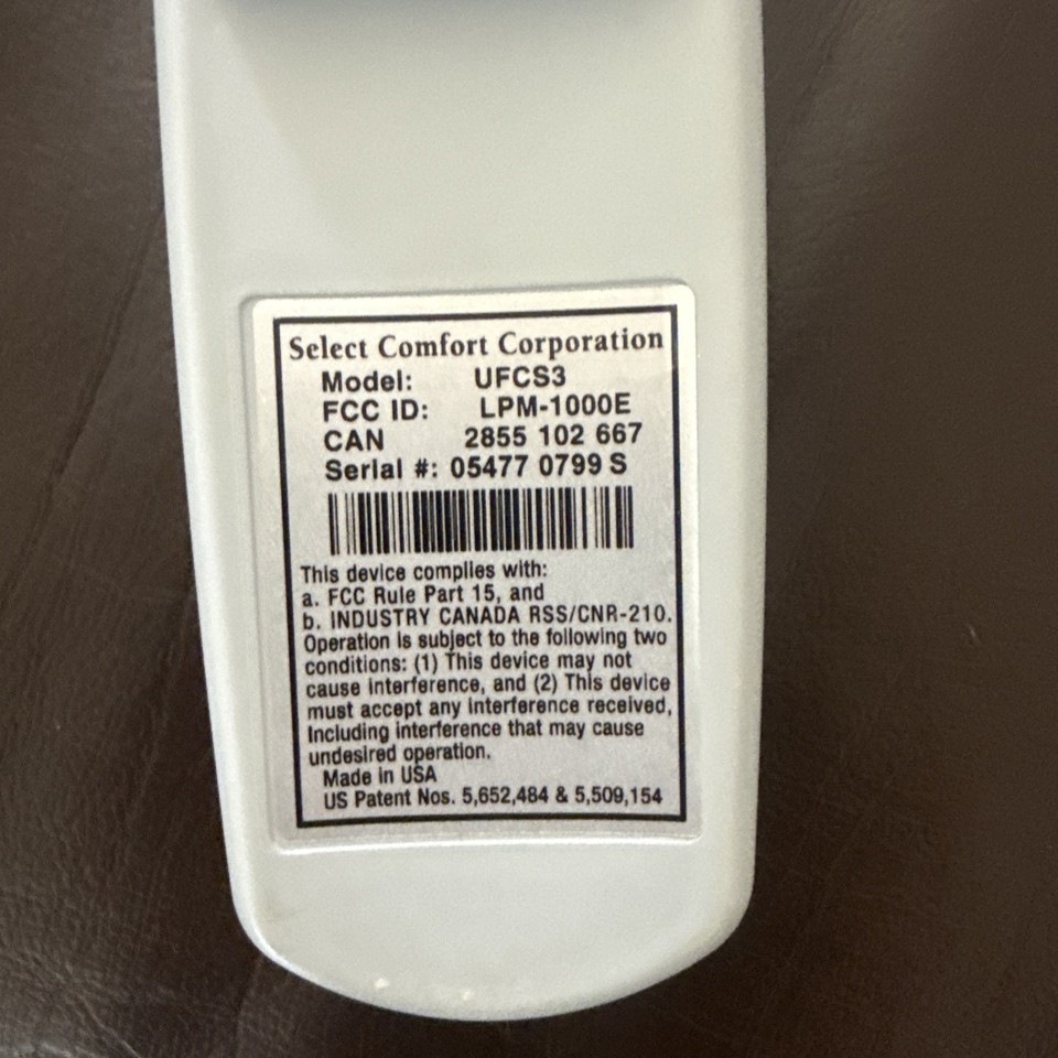 Sleep Number SELECT COMFORT REMOTE CONTROL Air Chamber Wireless UFCS3 ...