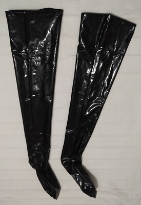 Black gloss shiny pvc wet look faux leather thigh high stocking hold ...