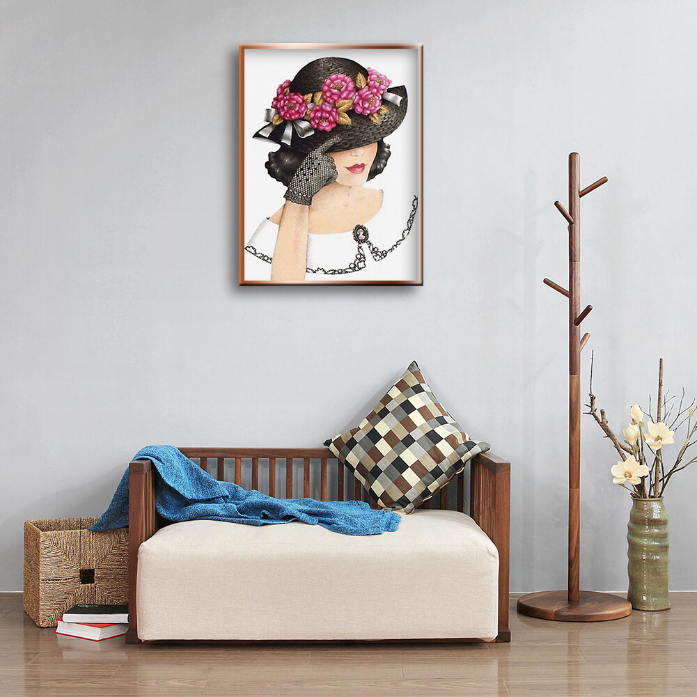 5D Full Woman with Flower Hat Picture Diamond Drill Round Painting DIY ...