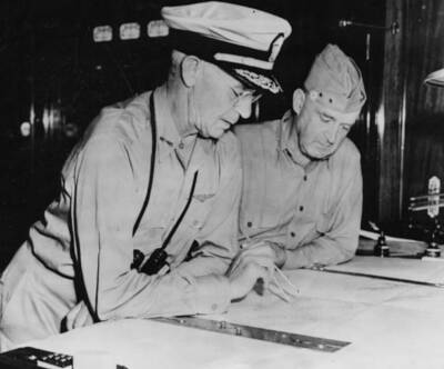 Richmond K Turner and Alexander Vandergrift looking at notes OLD PHOTO ...