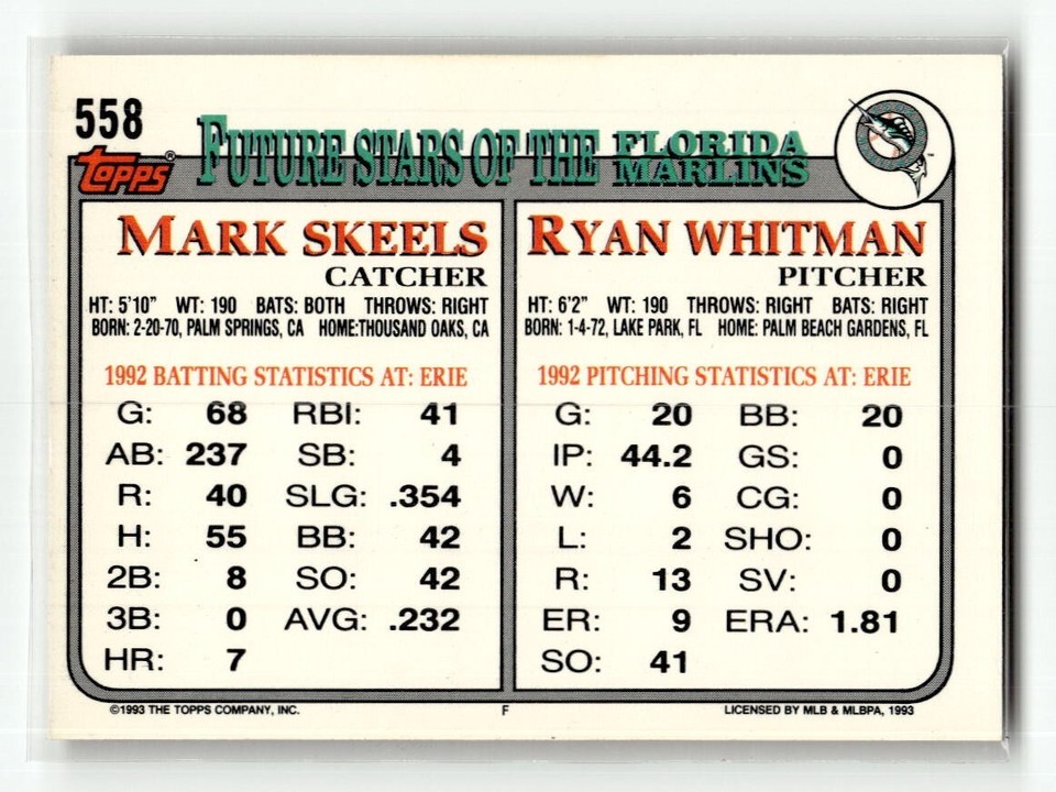 1993 Topps Ryan Whitman/Mark Skeels Florida Marlins #558 | eBay