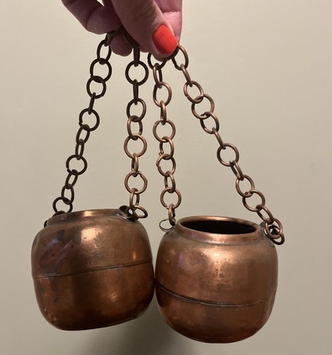 Set Of 2 Vintage Copper Cauldrons With Chain Hanging Planter Or Incense ...