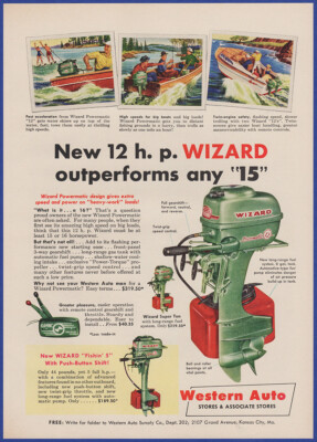 Vintage 1955 WIZARD 12 HP Outboard Motors Boating Western Auto 50's ...