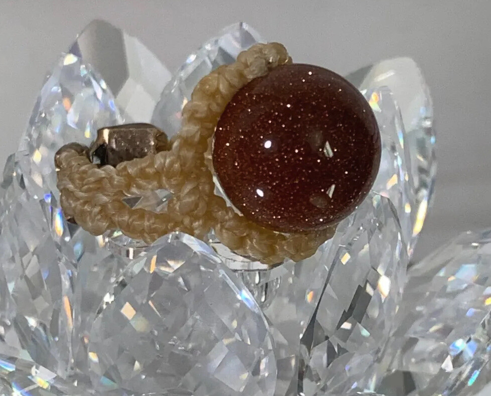 Handcrafted Cream Macramé Ring with Gold Sandstone Stone Bead, Clamp ...