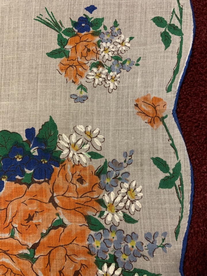 Vintage Orange & Blue Floral on White Hankie Hanky Handkerchief w ...