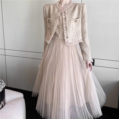 2 Piece Dress Sets Women Outfits Short Jacket Coat Woolen Mesh Dress ...