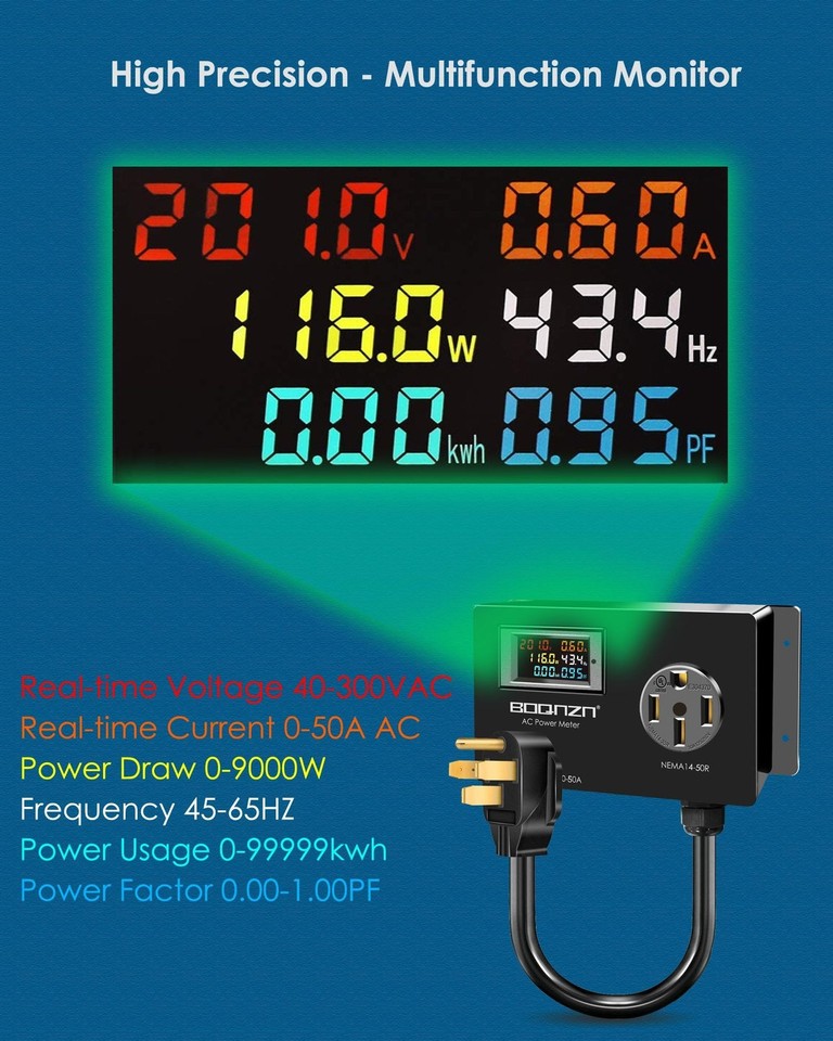 50A AC Power Meter, 240V NEMA 14-50P to NEMA 14-50R LCD Display Digital ...