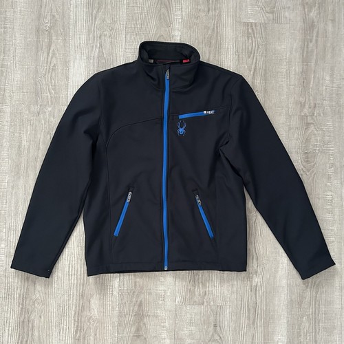Men's Spyder Black Blue Soft Shell Zip Up Jacket Size Medium | eBay