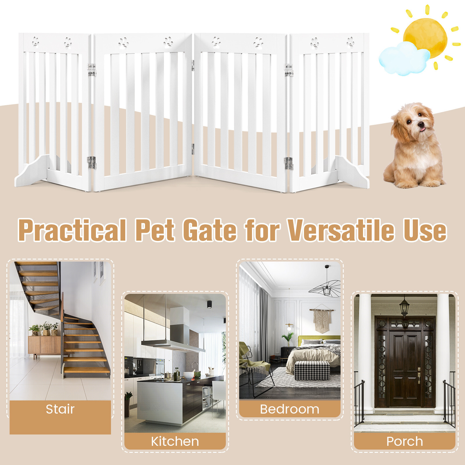 4-Panel Folding Dog Gate Free Standing Dog Pet Safety Fence with2 ...