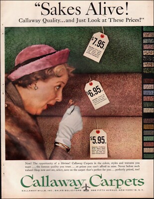 1958 Vintage ad for Callaway Carpets retro Price Tags Hat gloves green ...