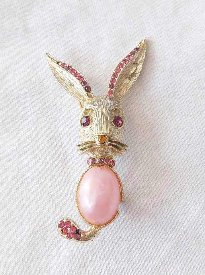 Vintage Bejeweled Pink Crystal Rabbit Brooch - Gem