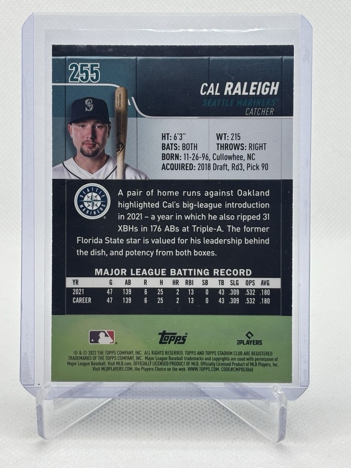 Cal Raleigh 2022 Topps Stadium Club Rookie Card RC #255 Seattle ...
