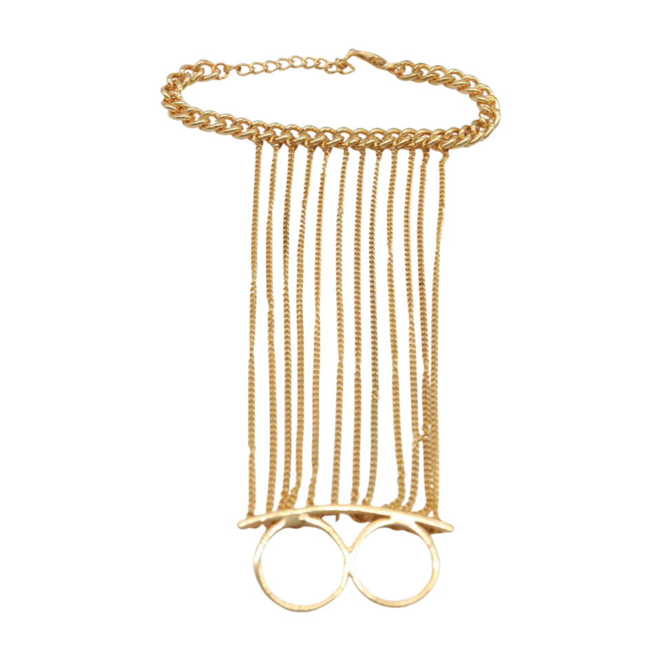 Women Gold Metal Hand Chain Bracelet 2 Connected Rings Boho Luxe Drip ...