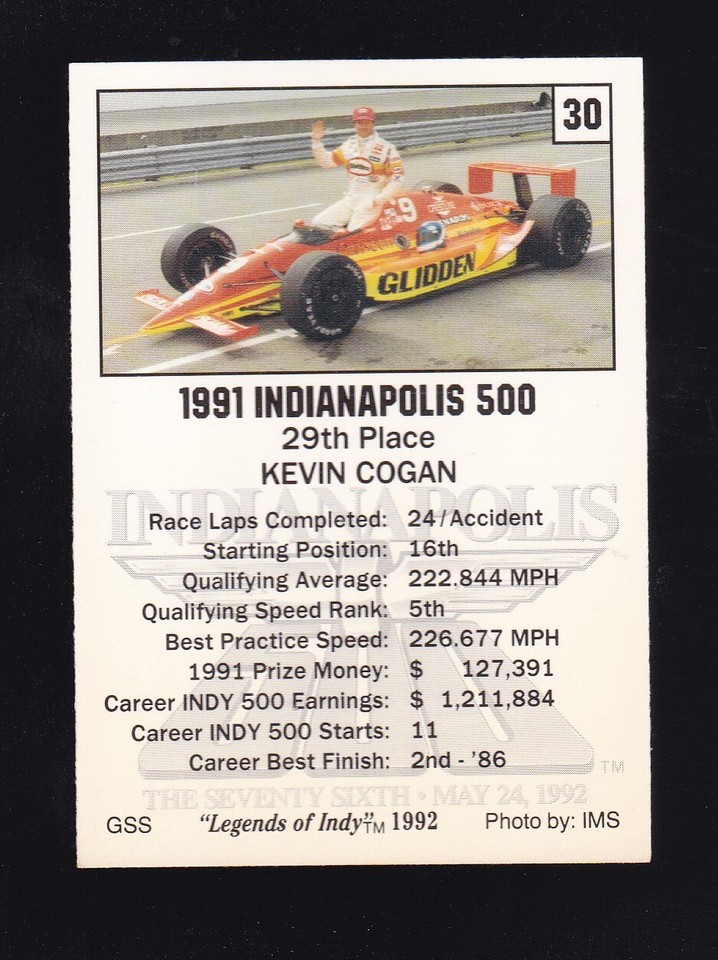 1992 Collegiate Collection Legends of Indy Kevin Cogan #30 | eBay