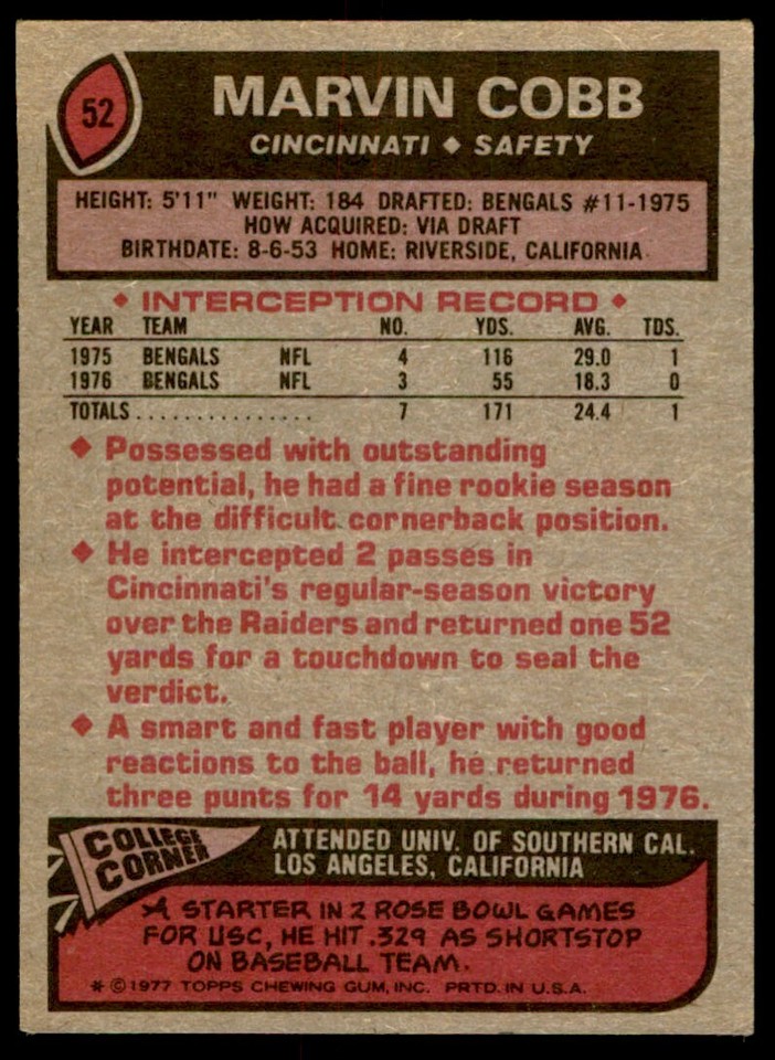 1977 Topps Marvin Cobb Cincinnati Bengals #52 | eBay