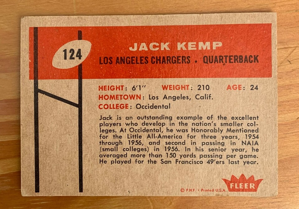1960 FLEER #124 JACK KEMP CHARGERS ROOKIE - EX | eBay