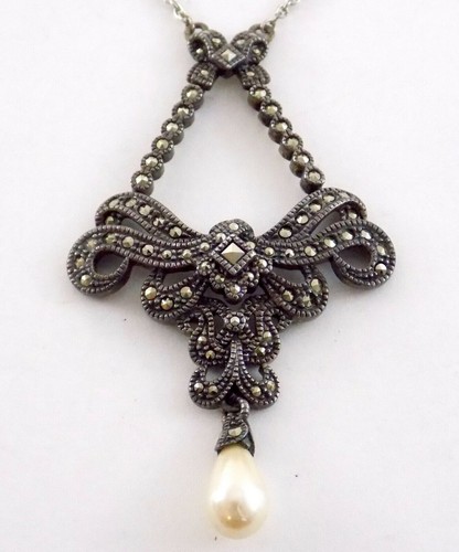 Judith Jack Sterling Silver Marcasite Faux Pearl Drop Pendant Necklace ...