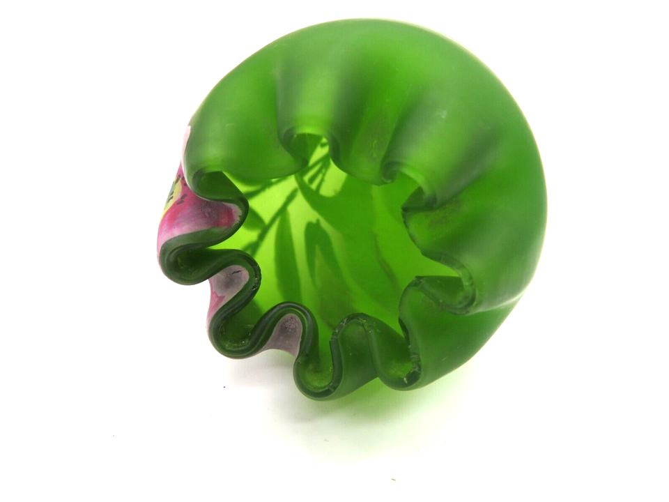 VTG 1910 Carl Goldberg Green Satin Glass Vase Hand Painted Flowers ...