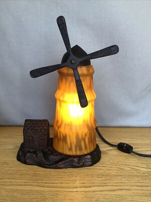 Antique Bronze Dutch Windmill Table Lamp Amber Glass Shade | eBay