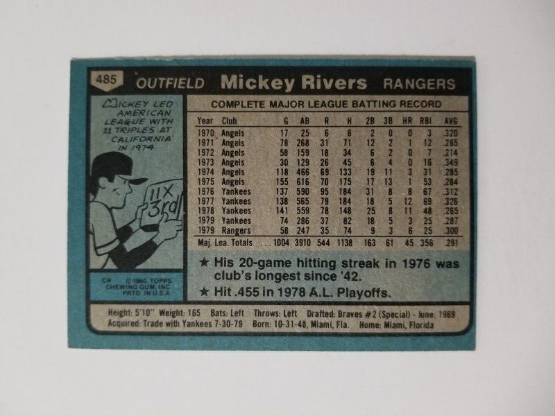 MICKEY RIVERS 1980 TOPPS BASEBALL CARD #485 TEXAS RANGERS | eBay