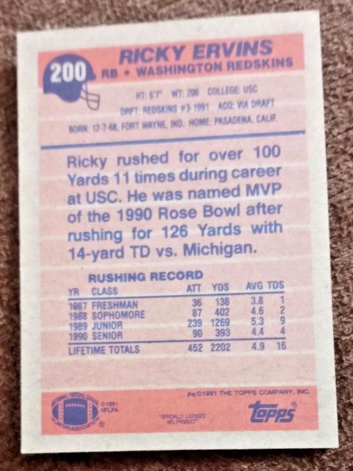 1991 Topps Football Ricky Ervins Rookie #200 Kansas City Chiefs - Mint ...
