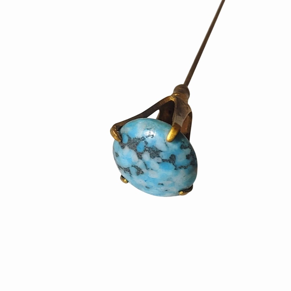 Long Hat Dress Pin Vintage Brass Blue Glass Bead Gold Tone Straight ...