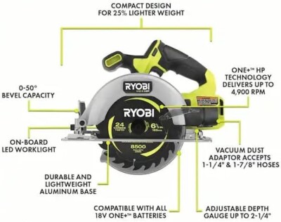 RYOBI ONE+ 18V Brushless Compact 6.5" Circular Saw - Model: PSBCS01B ...
