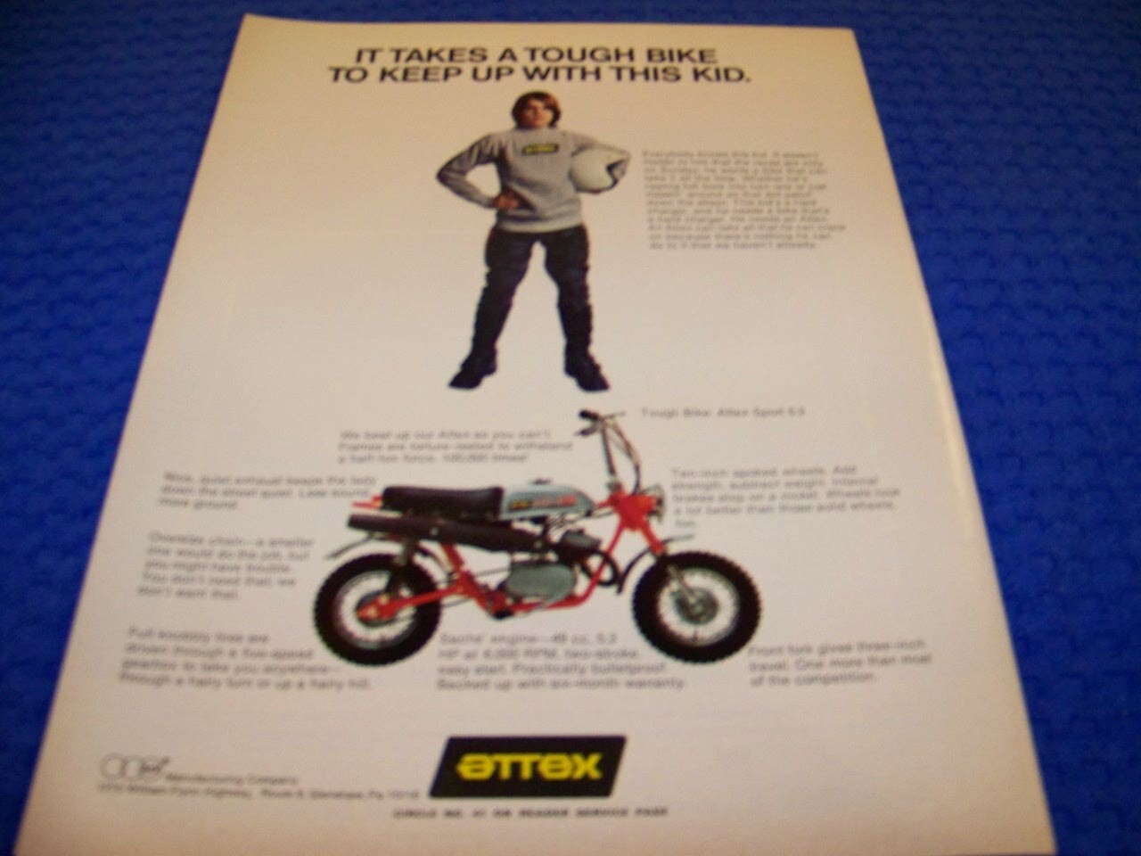 1972 ATTEX SPORT 5.3 "IT TAKES A TOUGH BIKE...." 1-PAGE SALES AD (65HH ...