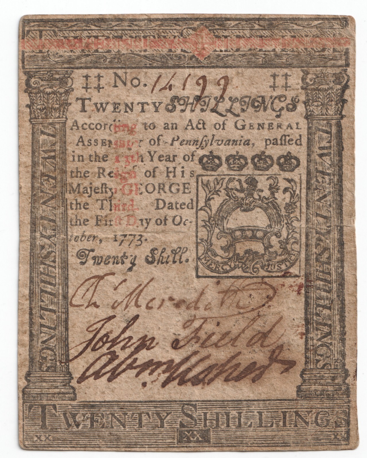 EXCEPTIONAL 1773 Pennsylvania 20 Shillings Colonial Note PA-169 Nice XF ...