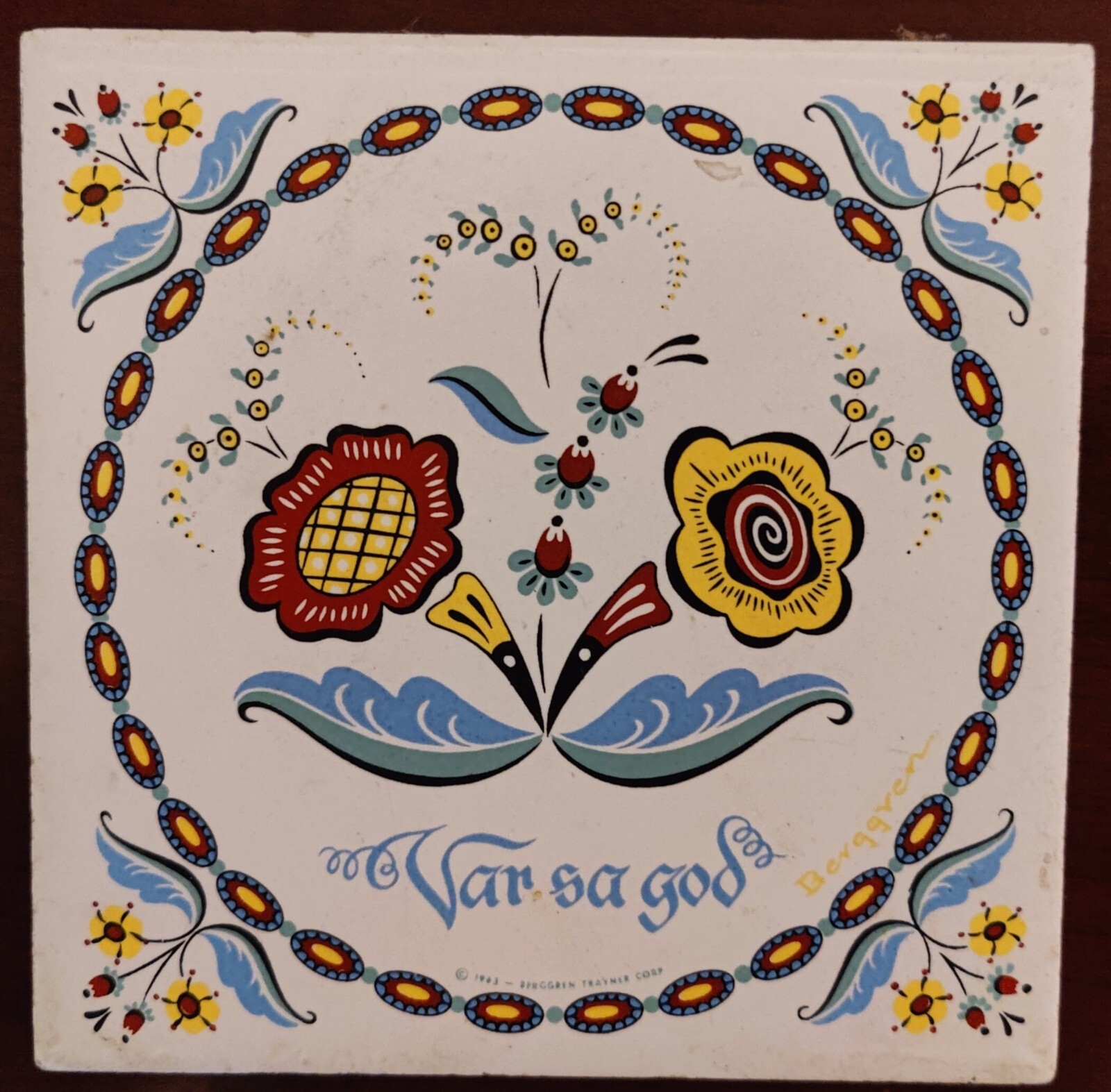 Vintage Berggren Scandinavian Tile Trivet- Swedish Folk Design Floral ...