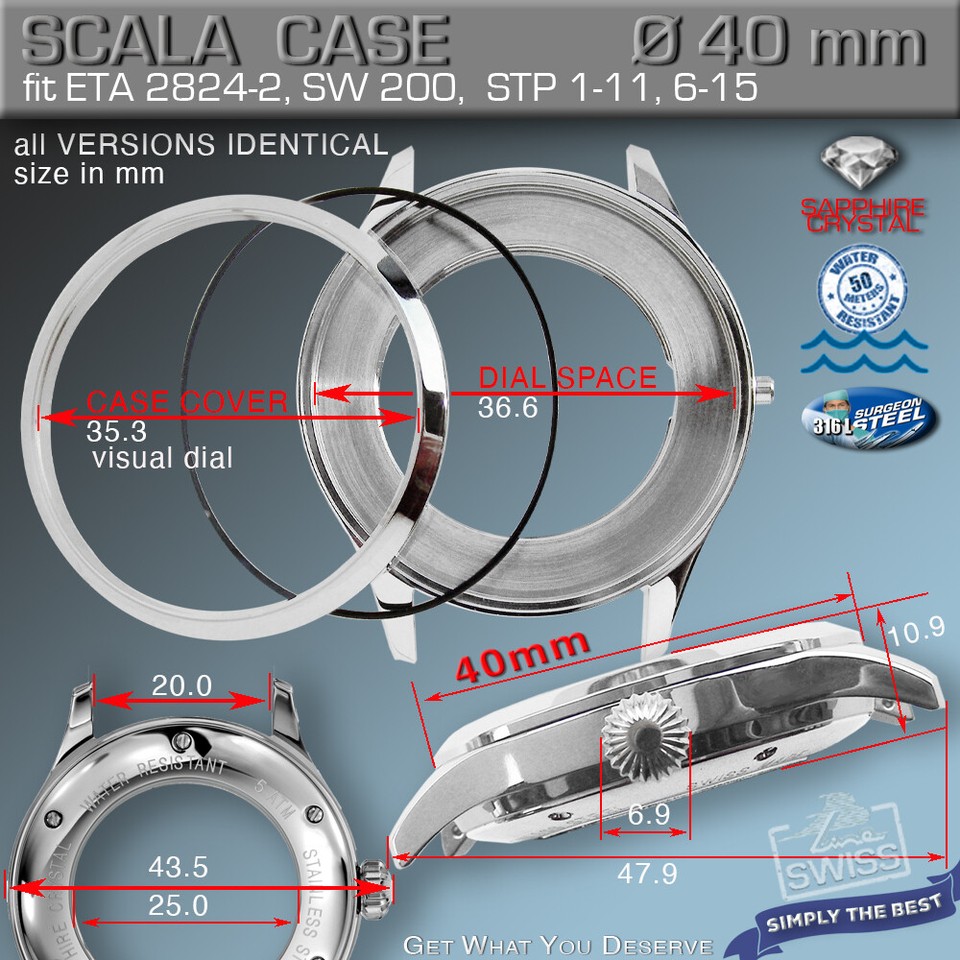 WATCH CASE SCALA Ø 40 MM, ETA-2824,SW 200 STP 1-11, ST.ST, BLACK, GOLD ...