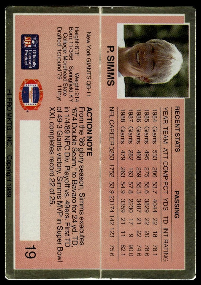 1989 Action Packed #101 Phil Simms New York Giants Football Card | eBay