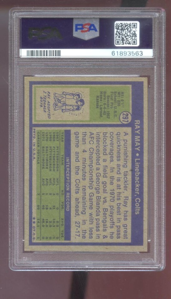 1972 Topps #297 Ray May PSA 8 Graded Football Card HIGH NUMBER ...