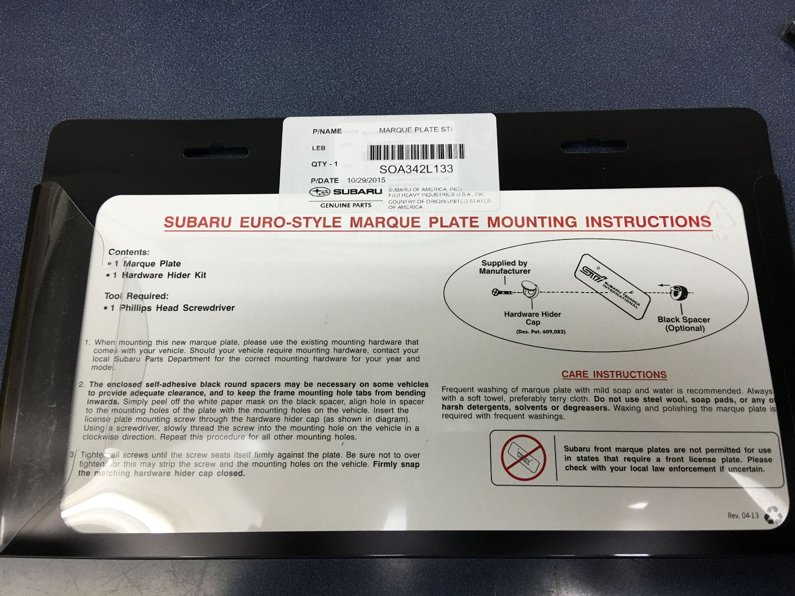 Genuine OEM Subaru Euro Style STI Marque Plate Matte Black SOA342L133 ...