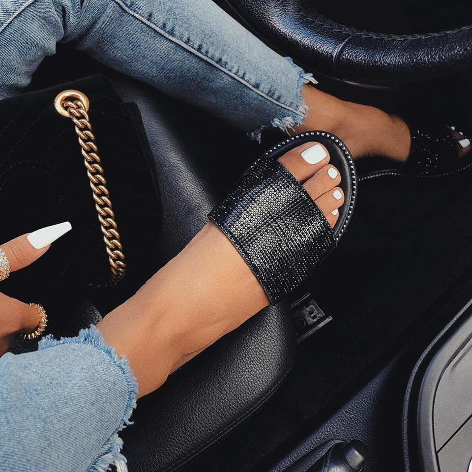 New Women's Open Toe Jeweled Rhinestone Band Slides Flat Sandal Shoes ...