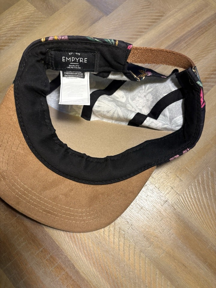 Empyre Floral 5 Panel Black Camp Hat Tan Suede Bill Strapback Leather ...