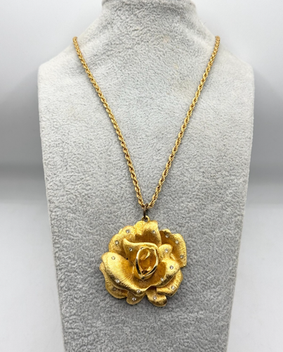 Vintage gold Rose Flower Rhinestone Pendant Necklace | eBay