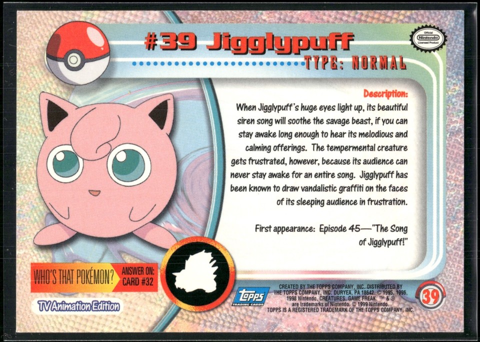 JIGGLYPUFF #39 Pokémon Card Blue Logo Topps TV Animation Edition 1999 ...