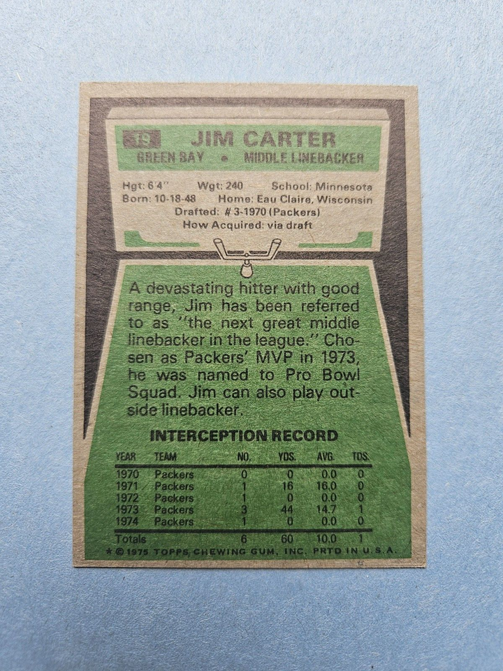 Jim Carter card #19 Topps Football Card 1975 Green Bay Packers | eBay